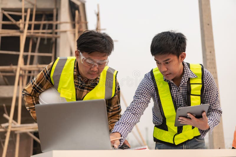 Civil Engineers Inspect Work with Walkie-talkies for Communicating with ...
