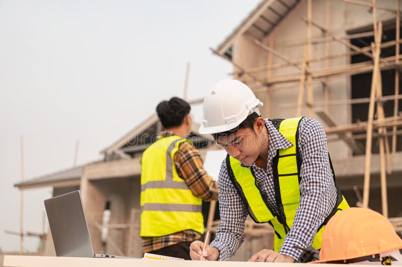 Civil Engineers Inspect Work with Walkie-talkies for Communicating with ...
