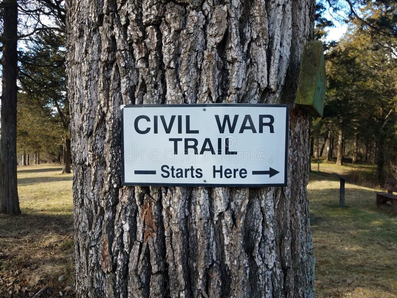 Civil War Trail Starts Here Sign on Tree Trunk Stock Photo - Image of ...