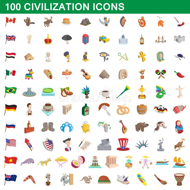 100 Civilization Icons Set, Cartoon Style Stock Vector - Illustration ...