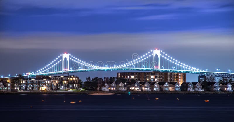 Claiborne Pell Bridge in Background at Night in Newport Rhode Island ...