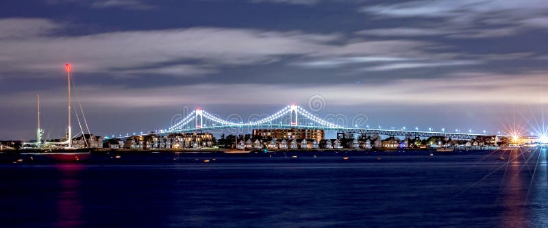 Claiborne Pell Bridge in Background at Night in Newport Rhode Island ...