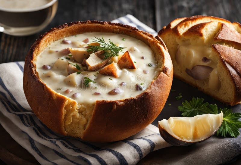 A chowder in a bread bowl stock illustration. Illustration of breakfast ...