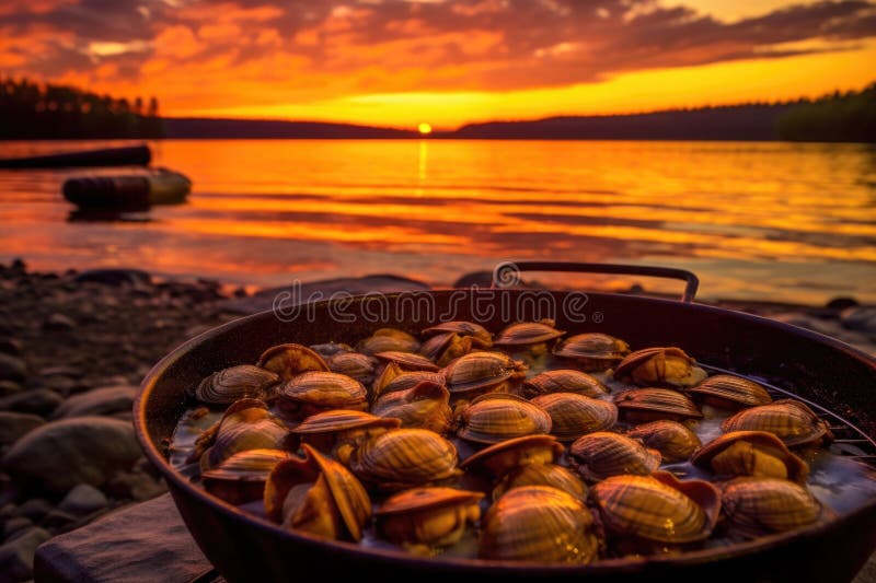 Clams Grilling with a Golden Sunset Backdrop Stock Illustration ...