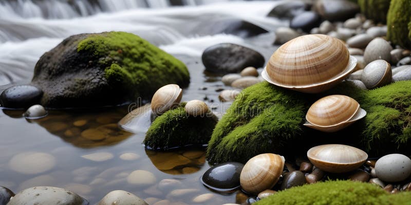 Clams on Rocks in a Stream, with Moss and Pebbles in the Foreground ...