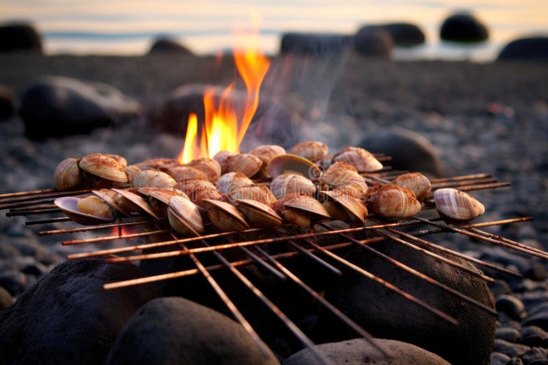 Clams on Skewers Grilling Over a Beach Fire Pit with Smoke Stock Image ...