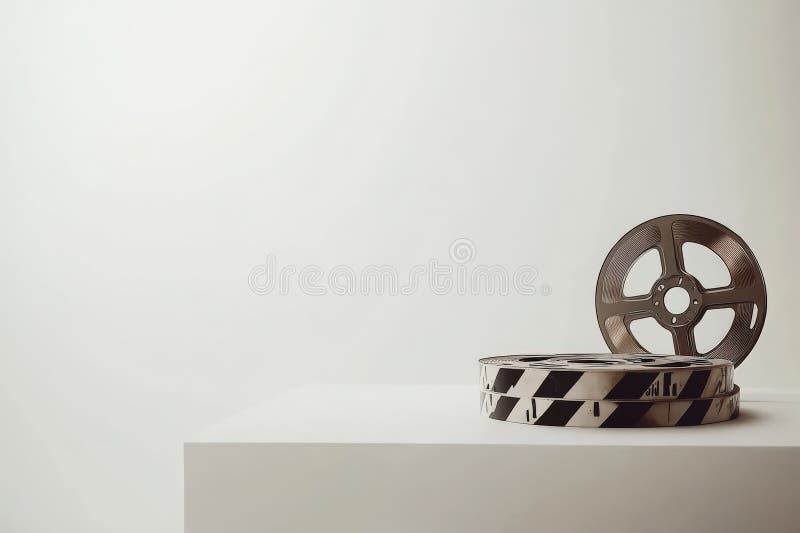 A Clapper Board Alongside a Stack of Film Reels Placed on a White ...