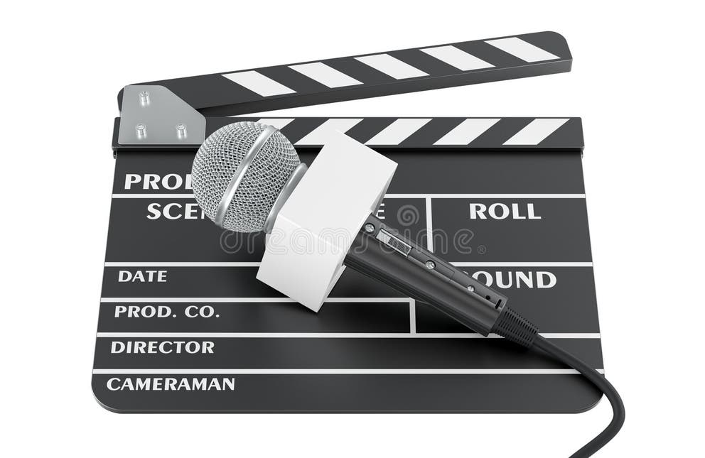 Clapperboard and Reporter Microphone with Blank White Box. 3D Rendering ...