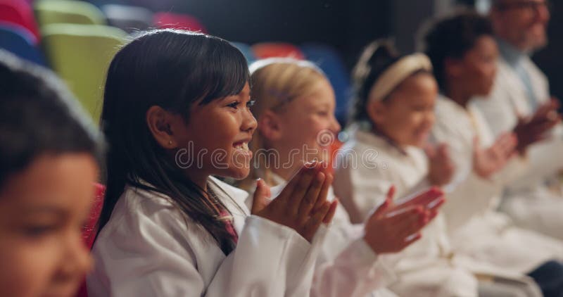 Clapping, Science and Happy Group of Kids in Experiment, Education or ...
