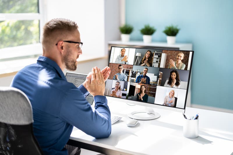 Clapping in Virtual Video Conference Call Stock Image - Image of young ...