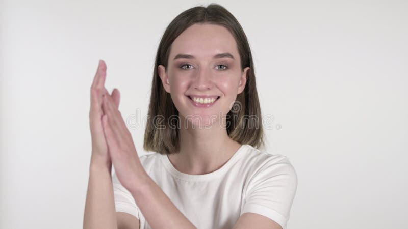 Clapping Young Woman Applauding on White Background Stock Photo - Image ...