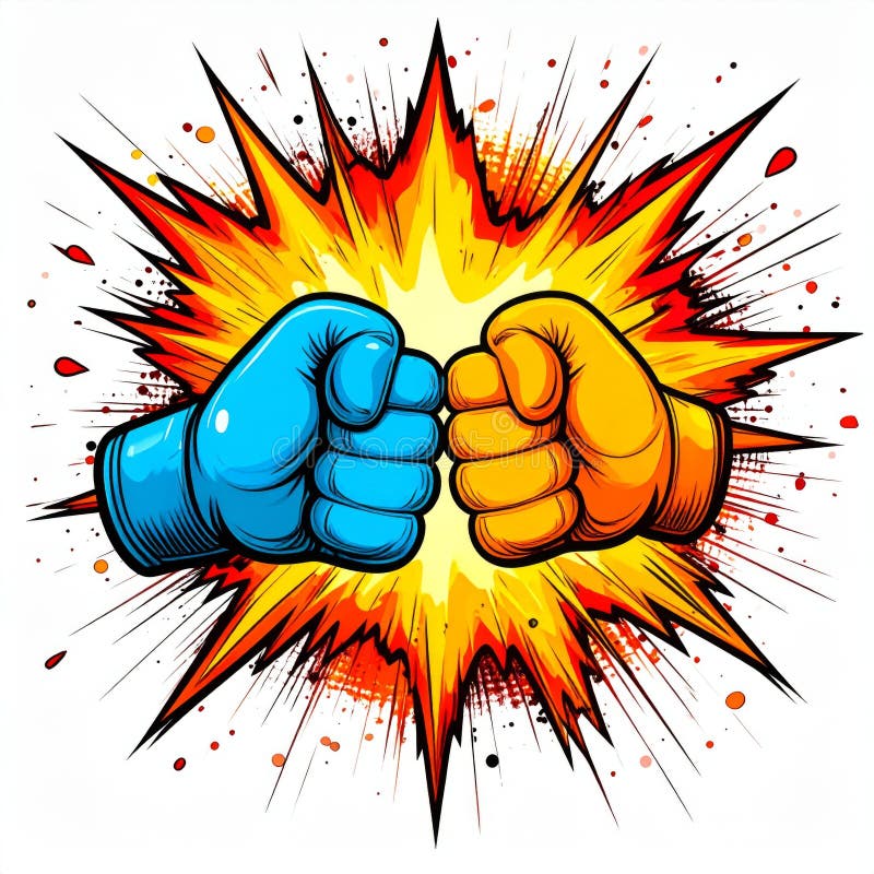 Clashing Blue and Orange Fists in a Comic Book Explosion Stock ...