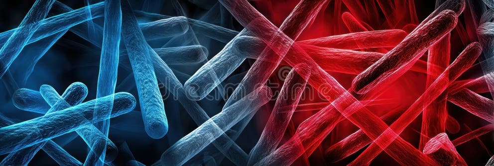 Clashing Blue and Red Bacteria Under Digital Microscope Showcasing a ...