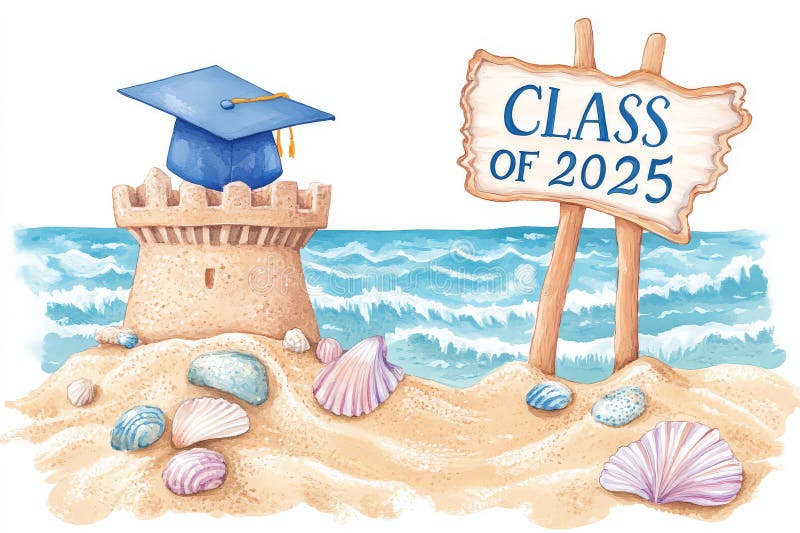 Class of 2025 Beach Scene stock illustration. Illustration of waves ...