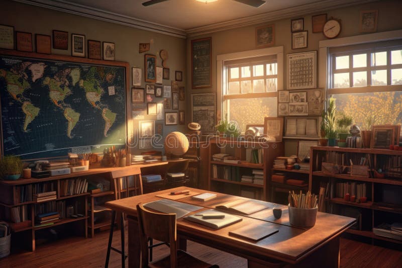 Class with Books and Map on the Wall AI Stock Illustration ...
