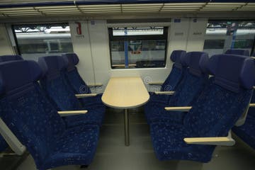 2 Class Compartment of the Wagon of Commuter Train, Seats and Doors ...