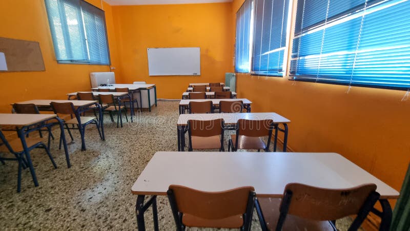 Class of Elemantary School Desk Chairs Board Empty Stock Image - Image ...