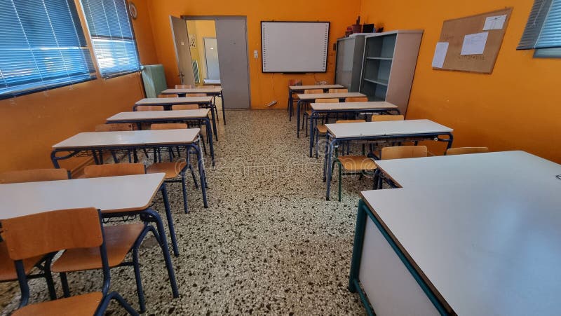 Class of Elemantary School Desk Chairs Board Empty Stock Photo - Image ...