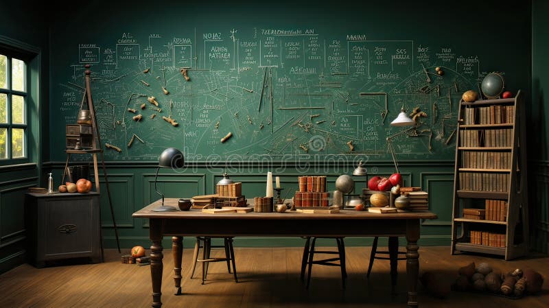 Class Room with Desks and Bookshelf with Written Board Stock ...