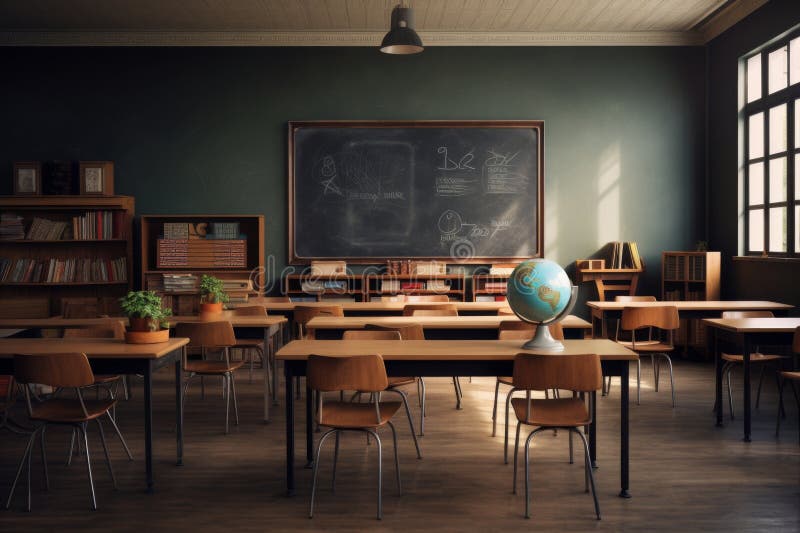 Class Room with Wooden Desks and Blackboard. School Class Room without Students Stock Image ...