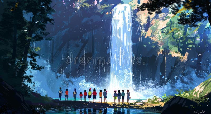 A Class of Students Stands at the Base of a Magnificent Waterfall Their ...