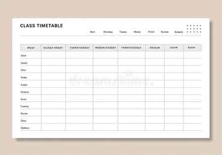 A Class Timetable Template with Rows and Columns for Days and Specific ...