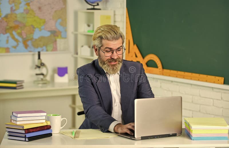 After Classes. Man Work School Teacher Sit in Classroom. Degree ...