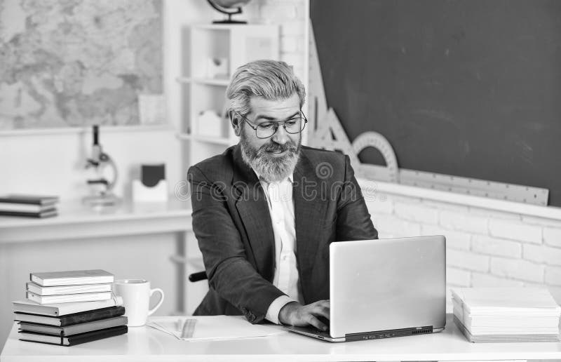 After Classes. Man Work School Teacher Sit in Classroom. Degree ...