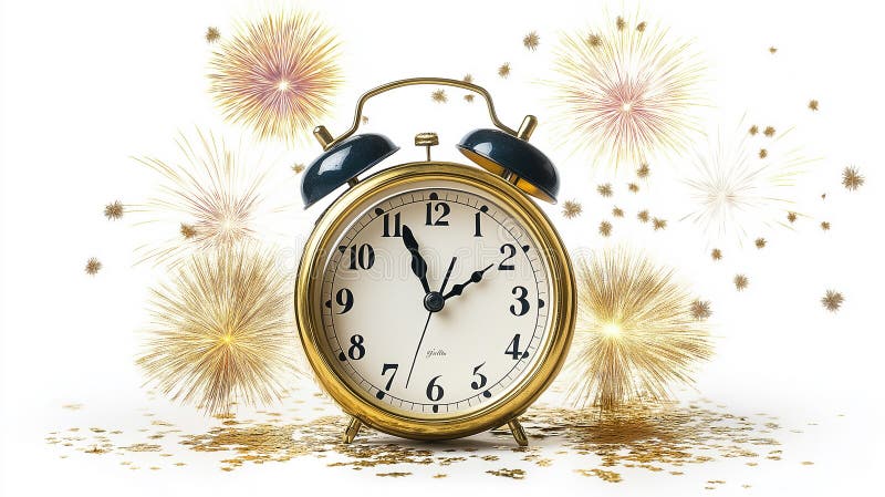 A Classic Alarm Clock Amidst Fireworks, Ringing in the New Year with ...