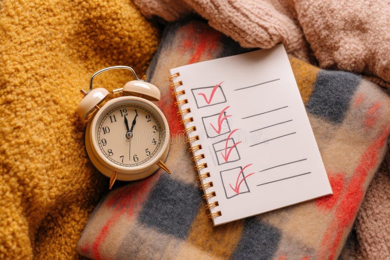 Classic Alarm Clock beside a Checklist on a Cozy Blanket in a Warm ...
