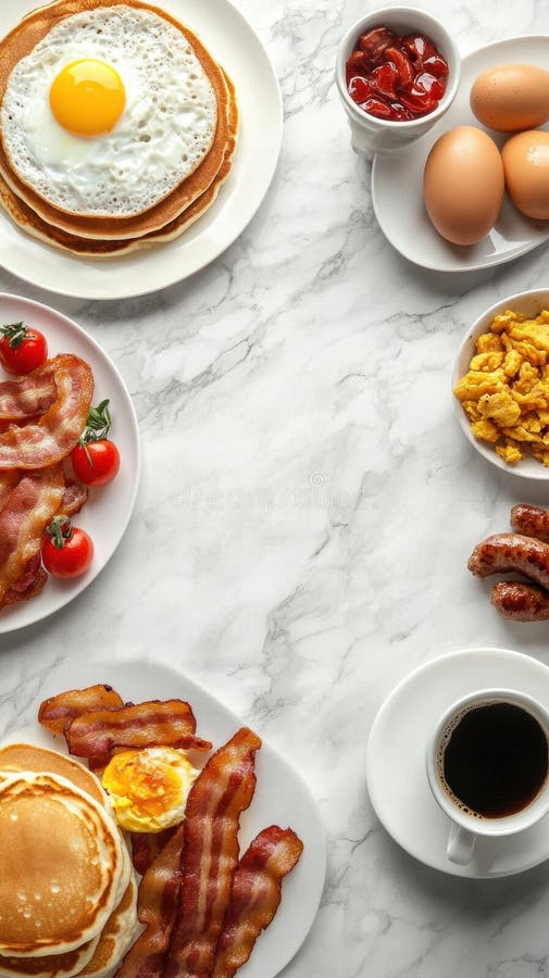 Classic American Breakfast Spread with Pancakes, Bacon, Eggs, and ...