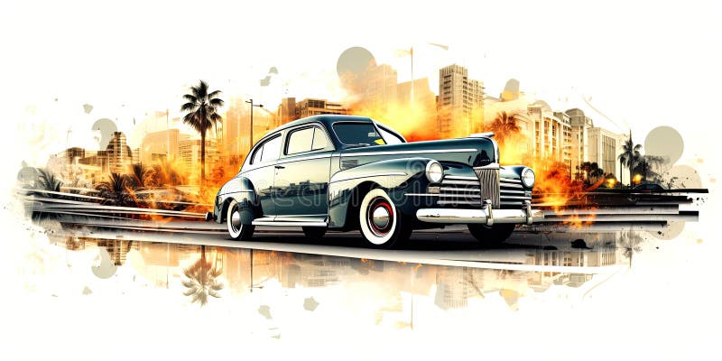 Classic American Car - Sunset Street Scene Stock Illustration ...