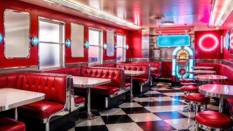 Classic American Diner Interior with Red Booths and Jukebox Stock ...