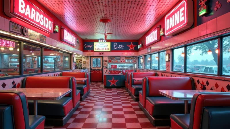 Classic American Diner Interior Red Booths Neon Signs Stock Photos ...
