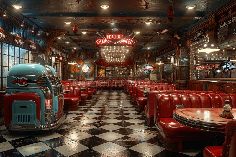 Classic American Diner with Red Leather Booths and a Jukebox3D Render ...