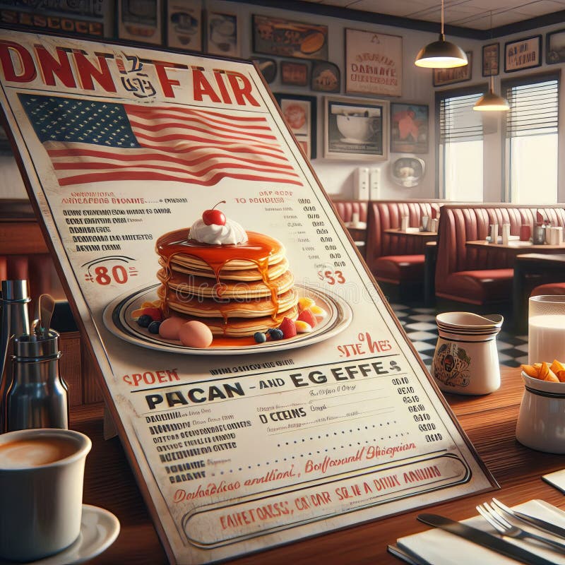 American Diner Menu Showcasing Pancakes and Breakfast Dishes Stock ...
