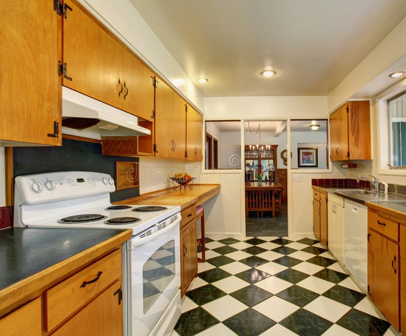 Classic American Kitchen with Checkered Tile Floor. Stock Image - Image ...