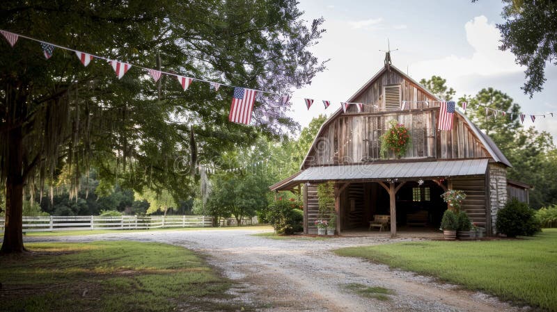 Classic Americana Backdrop with a Rustic Barn and Flag Bunting Stock ...