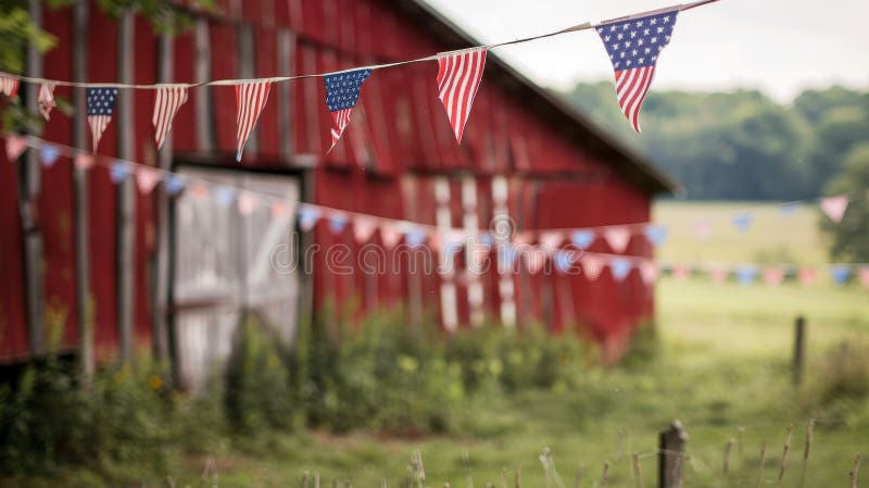 Classic Americana Backdrop with a Rustic Barn and Flag Bunting Stock ...
