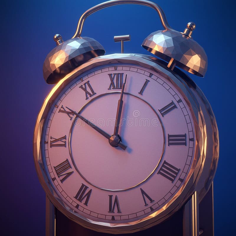 A Classic Analog Alarm Clock with a Polygonal Design is Displayed ...