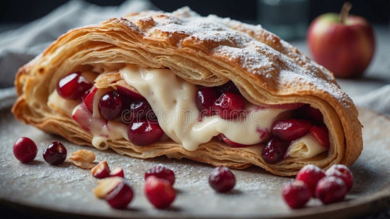 Classic Apple Strudel with Cream and Cranberries. Stock Photo - Image ...
