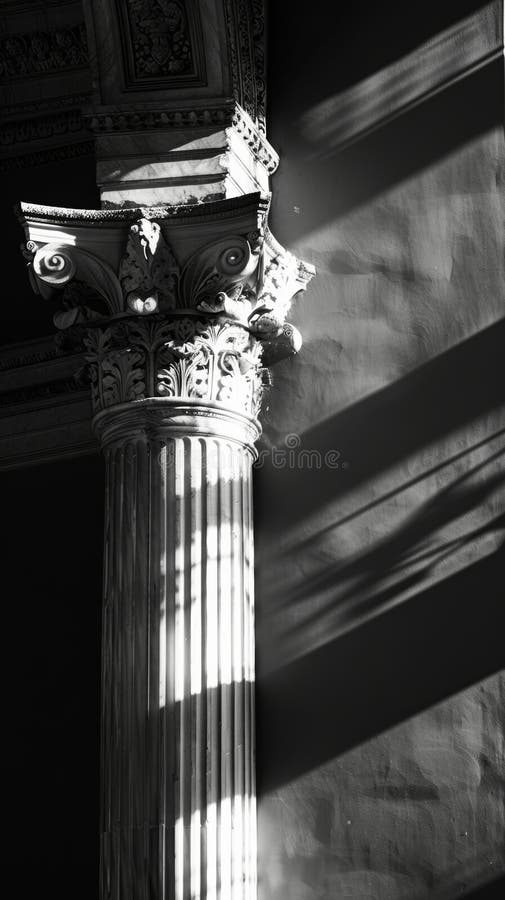 Classic Architectural Column with Intricate Carvings in Black and White ...