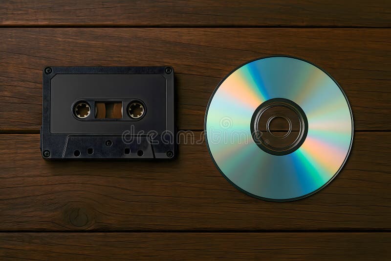 A Classic Audio Cassette Tape Rests beside a Compact Disc on a Rich ...