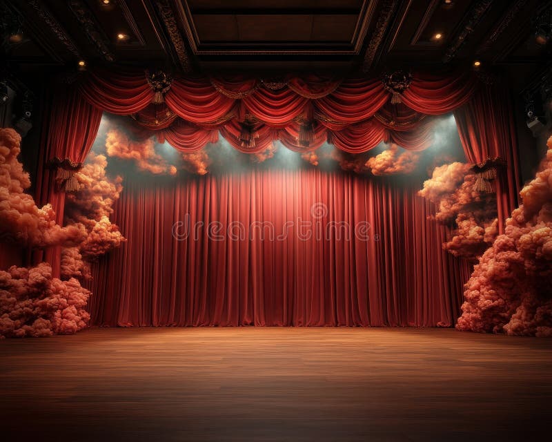 Classic Auditorium Stage with Red Curtains, Dramatic Lighting, and ...