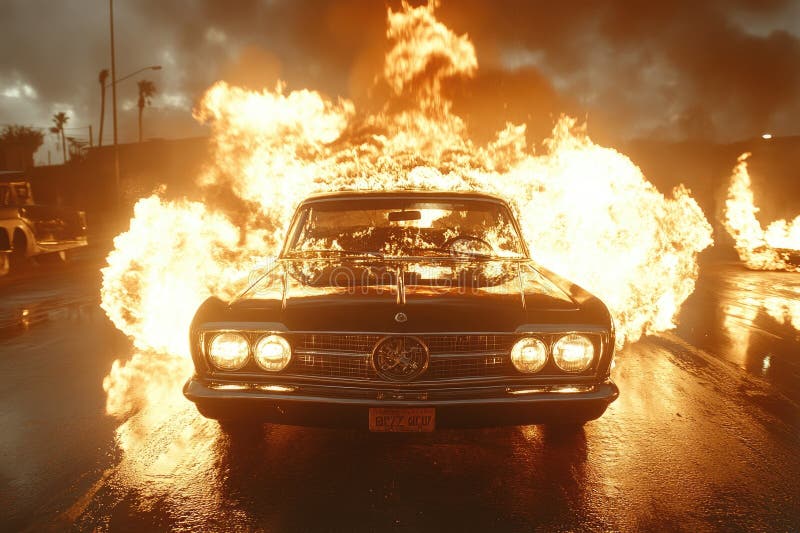 Fiery Classic Car Inferno: Dramatic Nighttime Scene Stock Illustration ...