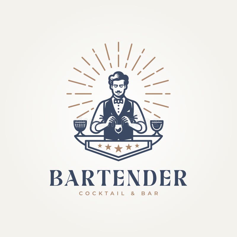 Classic Bar and Eatery with Bartender Making Cocktail Label Logo Vector ...