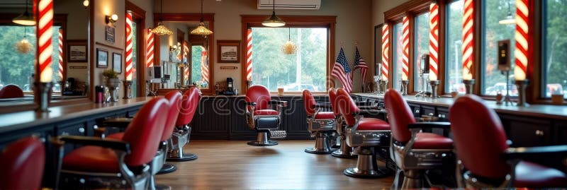 Classic Barber Shop Interior with Red Chairs and Striped Poles Stock ...