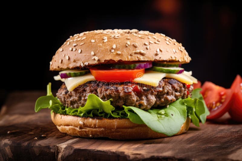 A Classic Beef Burger with Lettuce, Tomato and Cheese Stock Photo ...