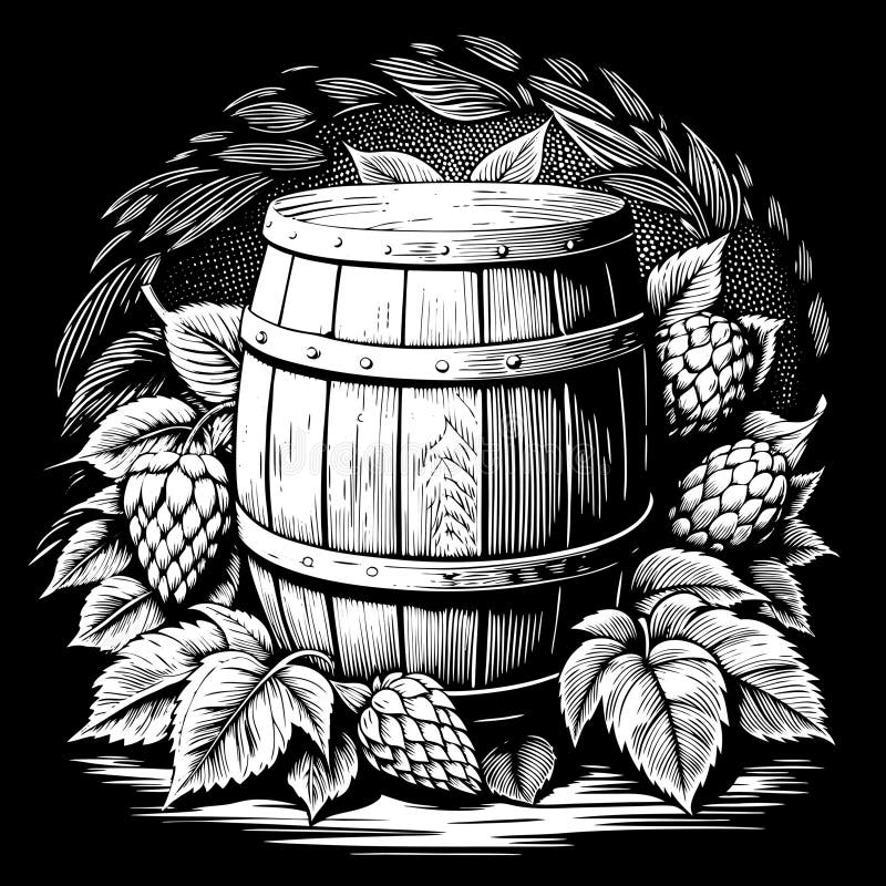 Classic Beer Barrel Surrounded by Hops and Barley Illustration Stock ...