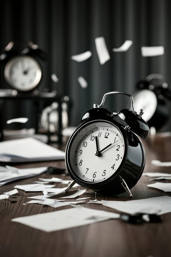 Classic Black Alarm Clock Amidst Flying Papers in Office Setting Stock ...
